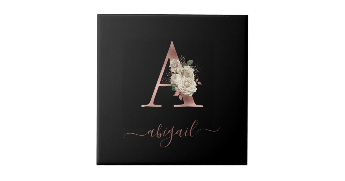 Floral Ivory Rose Gold Monogram Letter "A" Black Ceramic Tile | Zazzle