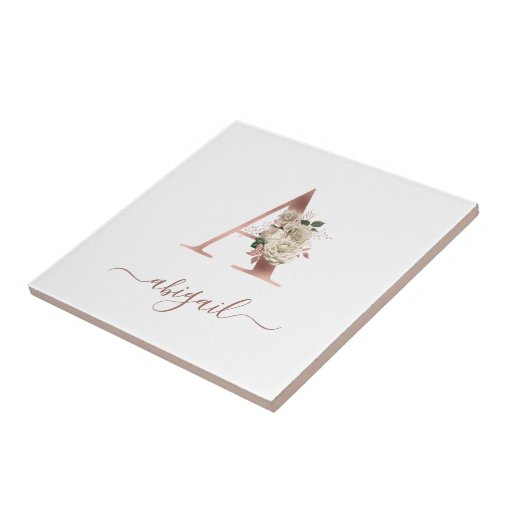 Floral Ivory Rose Gold Monogram Letter "A" Ceramic Tile | Zazzle