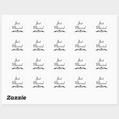 Floral Just Married Black, White Wedding Elegant Classic Round Sticker ...