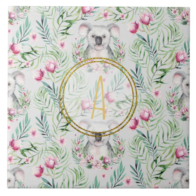 Floral KOALA BEAR Monogram Girls Bedroom Nursery Ceramic Tile | Zazzle