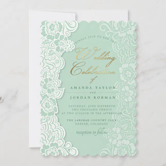Floral Lace Mint Green Wedding Invitation | Zazzle
