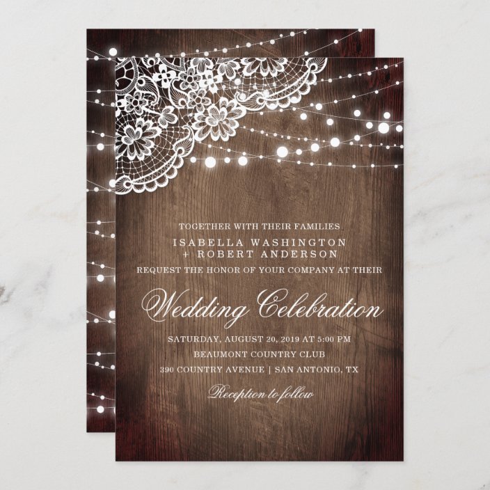 Floral Lace & String Of Lights Rustic Wood Wedding Invitation | Zazzle.com