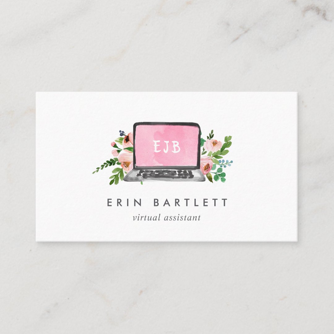 Floral Laptop Monogram | Virtual Assistant Business Card | Zazzle