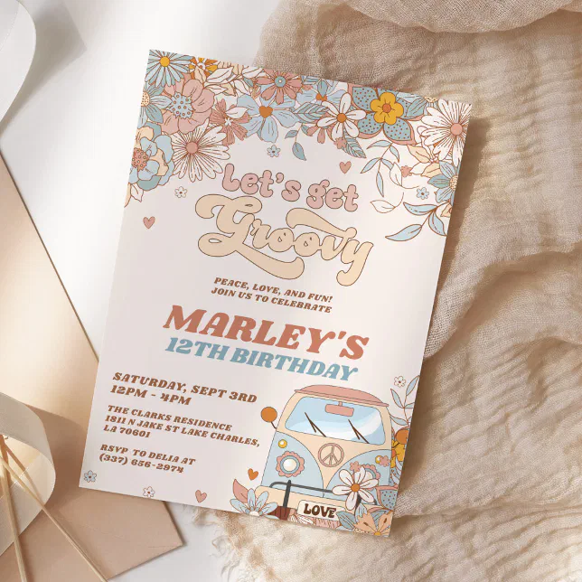 Floral Let's Get Groovy Retro Birthday Party Invitation | Zazzle