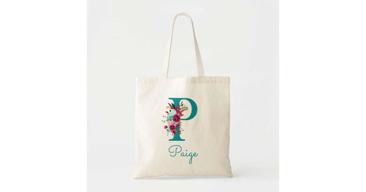 Floral Letter P Script Monogram Teal Pink Tote Bag | Zazzle