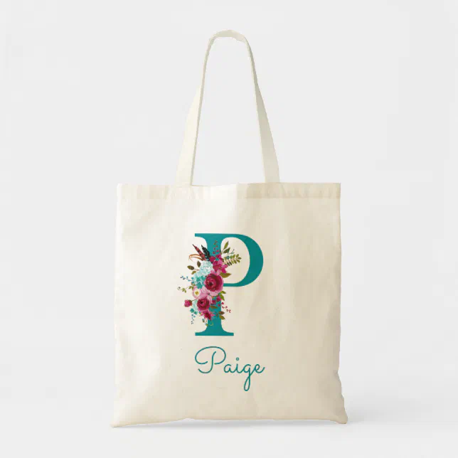 Floral Letter P Script Monogram Teal Pink Tote Bag | Zazzle