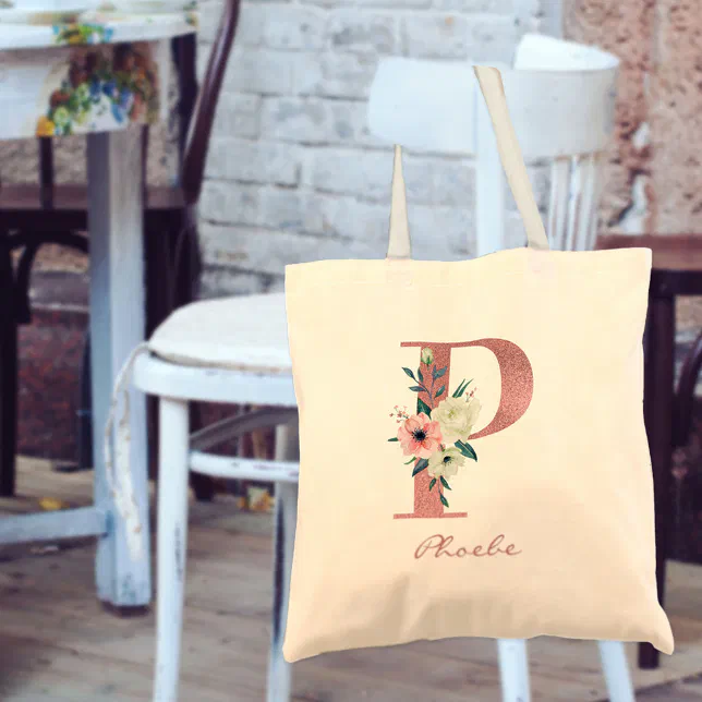 Floral Letter P Watercolor Pink and Ivory Bouquet Tote Bag | Zazzle
