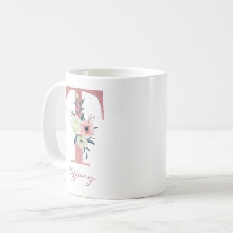 Floral Letter T Initial - Pink and Ivory Bouquet Coffee Mug | Zazzle