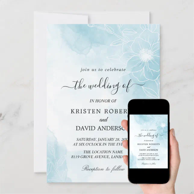 floral light blue wedding invitation | Zazzle