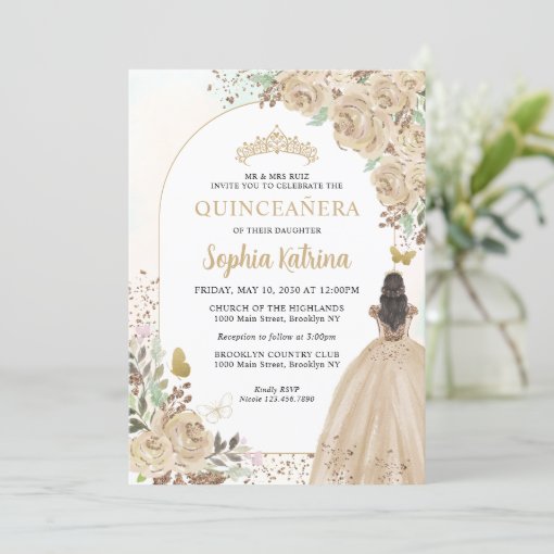 Floral Light Gold Princess Birthday Quinceanera Invitation | Zazzle
