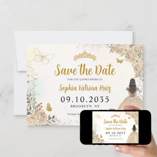 Floral Light Gold Princess Birthday Quinceanera Save The Date | Zazzle