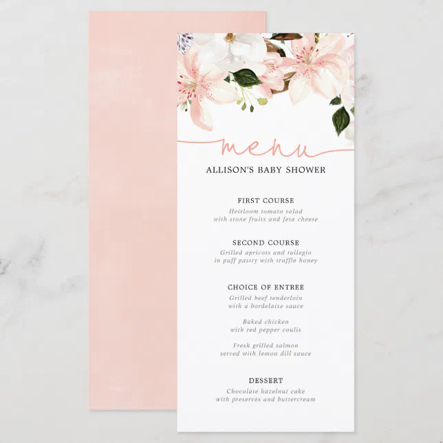 Floral lilies lily flower spring baby shower menu | Zazzle