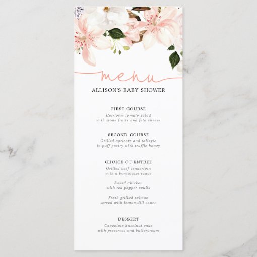 Floral lilies lily flower spring baby shower menu | Zazzle