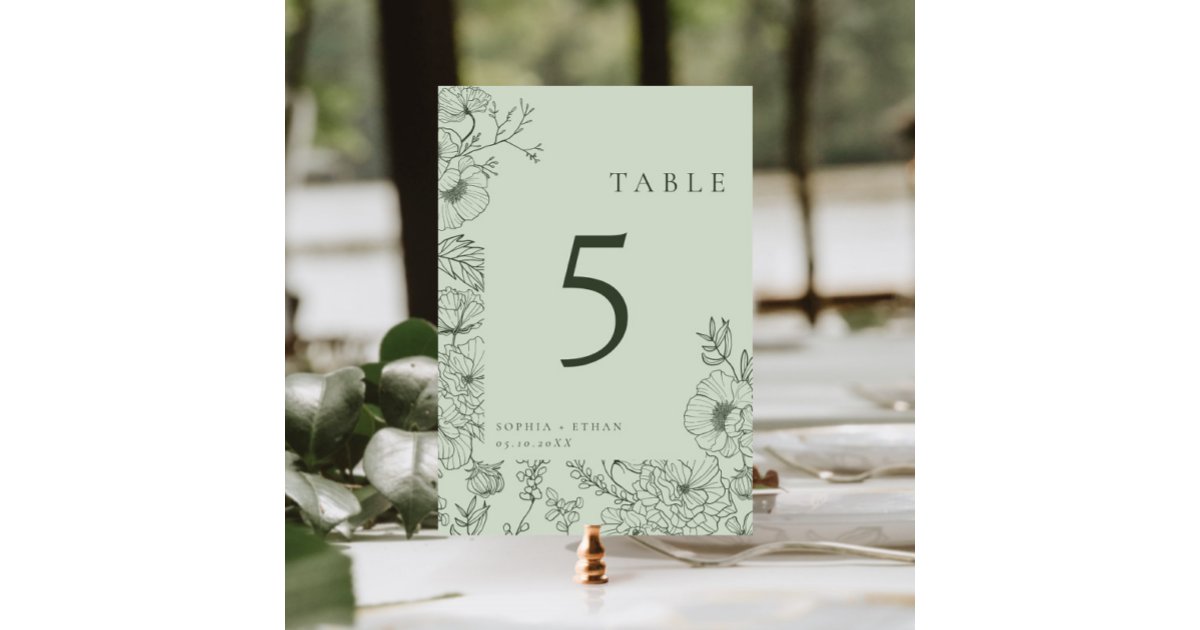 Floral Line Art Sage Green Wedding Table Number | Zazzle