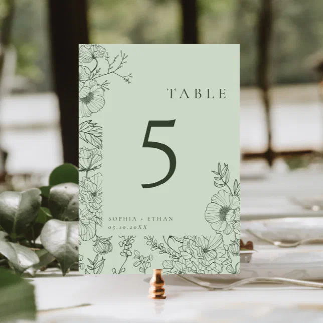 Floral Line Art Sage Green Wedding Table Number | Zazzle