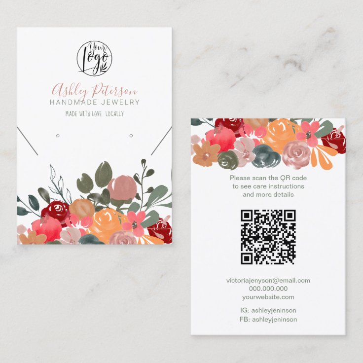 floral logo jewelry earring necklace Qr code boho Business Card | Zazzle
