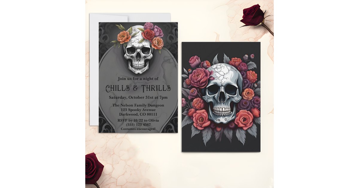 Floral Macabre Skull Halloween Party Invitations | Zazzle