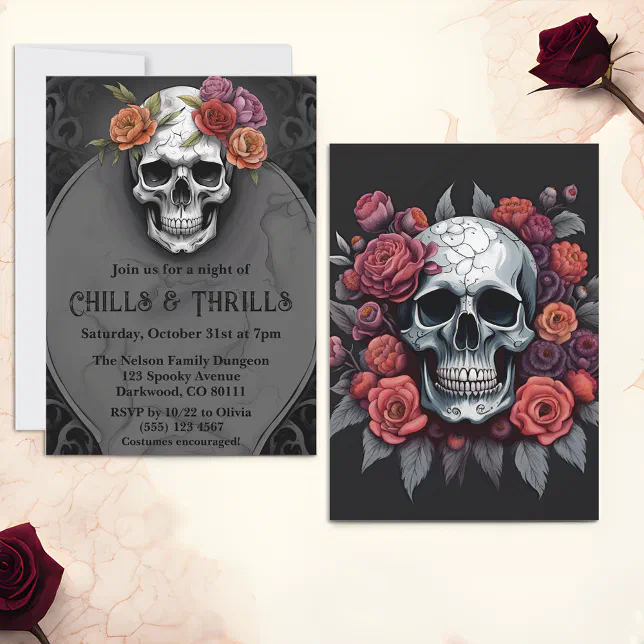 Floral Macabre Skull Halloween Party Invitations | Zazzle