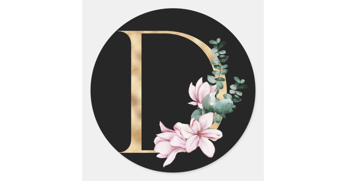 Floral magnolia monogram in gold letter D Classic Round Sticker | Zazzle