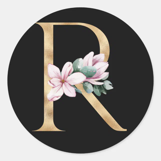Floral magnolia monogram in gold letter R Classic Round Sticker | Zazzle