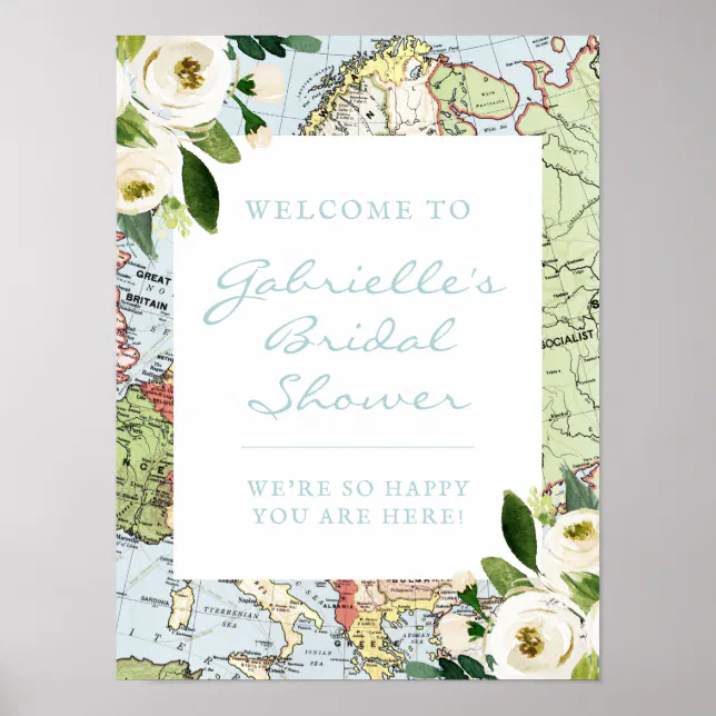Floral Map Travel Theme Bridal Shower Welcome Sign | Zazzle