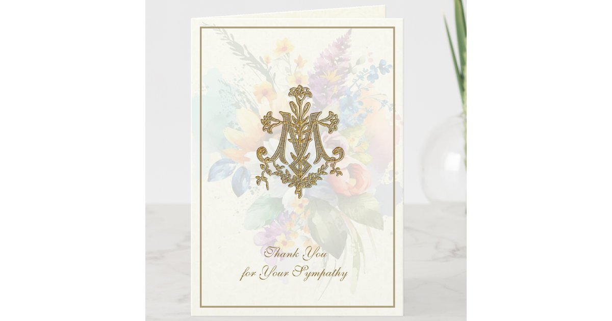Floral Marian Cross Catholic Funeral Condolence Thank You Card | Zazzle