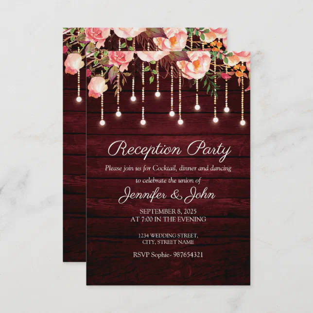 Floral Maroon Wood Rustic Wedding Reception Party Invitation | Zazzle
