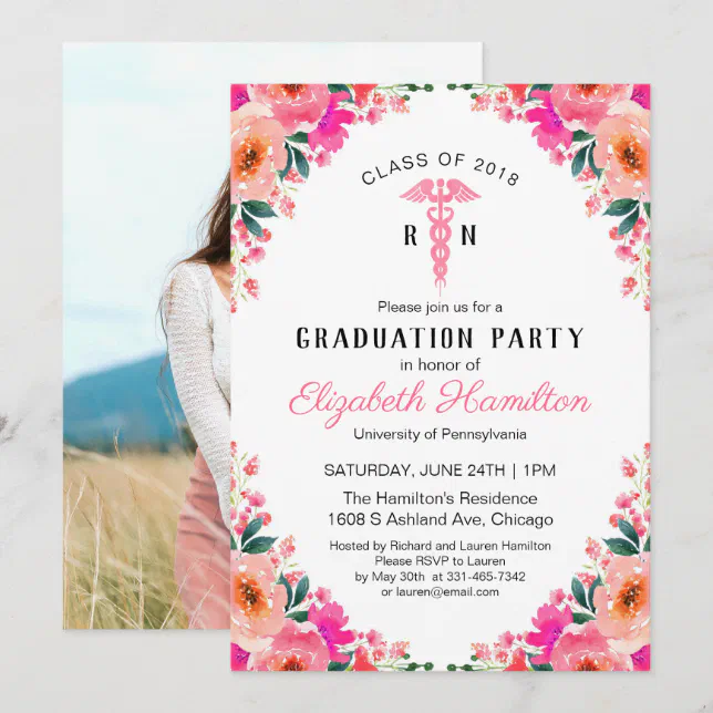 Floral Medical Nursing School Grad Party Photo Invitation | Zazzle