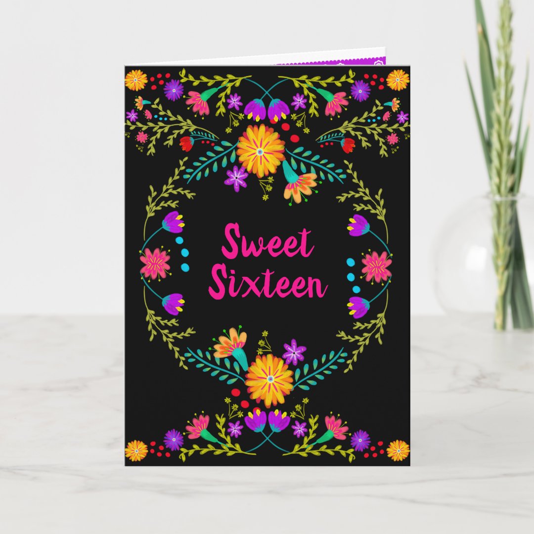 Floral Mexican Fiesta Black and Pink Sweet 16 Invitation | Zazzle