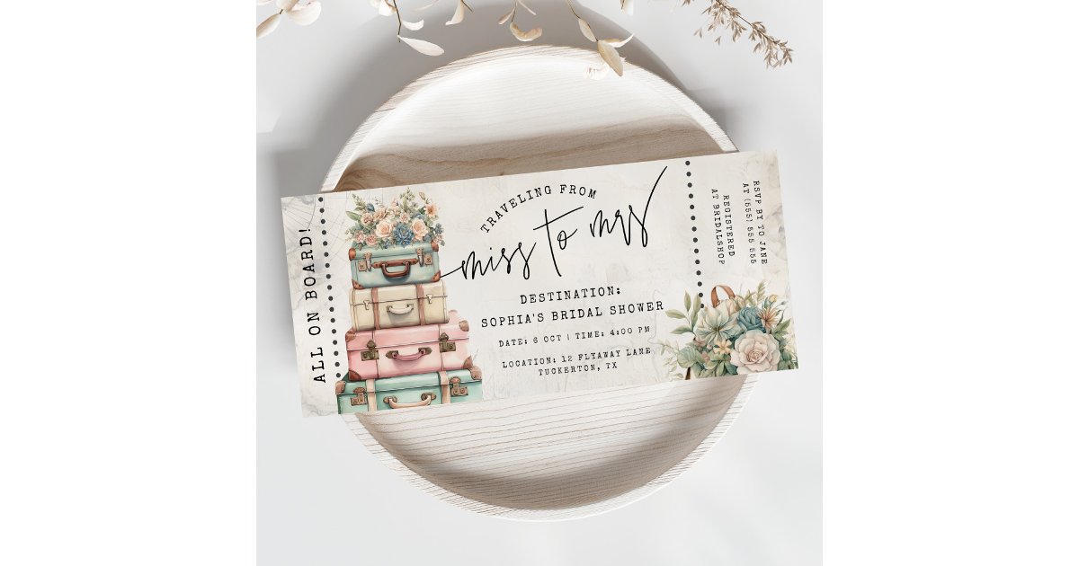 Floral Miss to Mrs Travel Bridal Shower Ticket Invitation | Zazzle