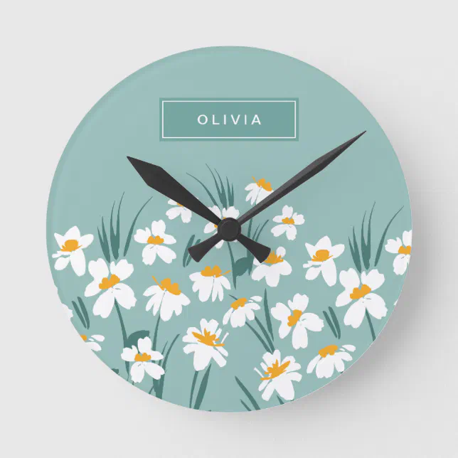 Floral modern daisy blue girly elegant stylish round clock | Zazzle