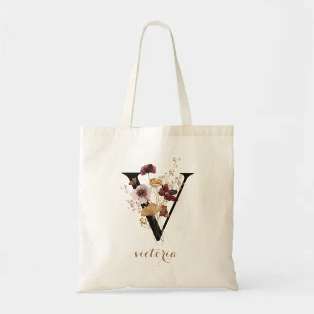 Floral Modern Personalized Monogram Letter "V" Tote Bag | Zazzle