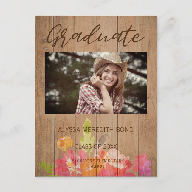Floral Modern Rustic Wood Photo Graduation Postcard | Zazzle