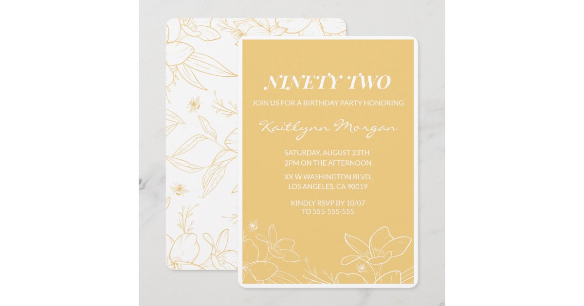 Floral Modern Yellow 92nd birthday invitations | Zazzle