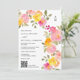 Floral monogram chic Qr code and photo wedding Invitation | Zazzle