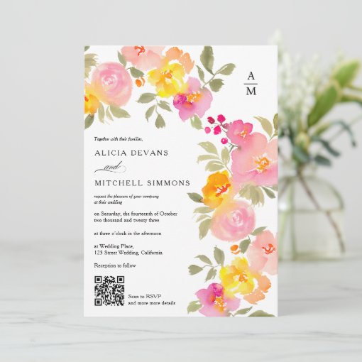 Floral monogram chic Qr code and photo wedding Invitation | Zazzle