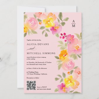Floral monogram chic Qr code photo blush wedding Invitation | Zazzle