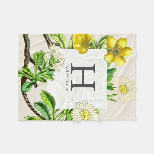 Floral Monogram Daisies Initial Greenery Fleece Blanket | Zazzle