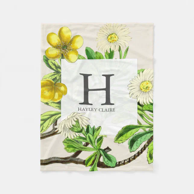 Floral Monogram Daisies Initial Greenery Fleece Blanket | Zazzle
