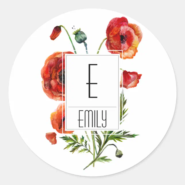 Floral Monogram Initial Stickers Red Poppy Flowers | Zazzle