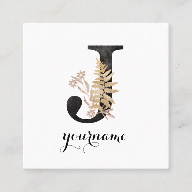 Floral Monogram J Black Gold Flora Square Business Card | Zazzle