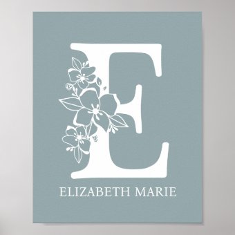 Floral Monogram Letter E Name Nursery Modern Poster | Zazzle