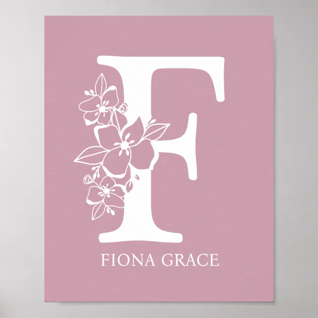 Floral Monogram Letter F Name Nursery Modern Poster | Zazzle