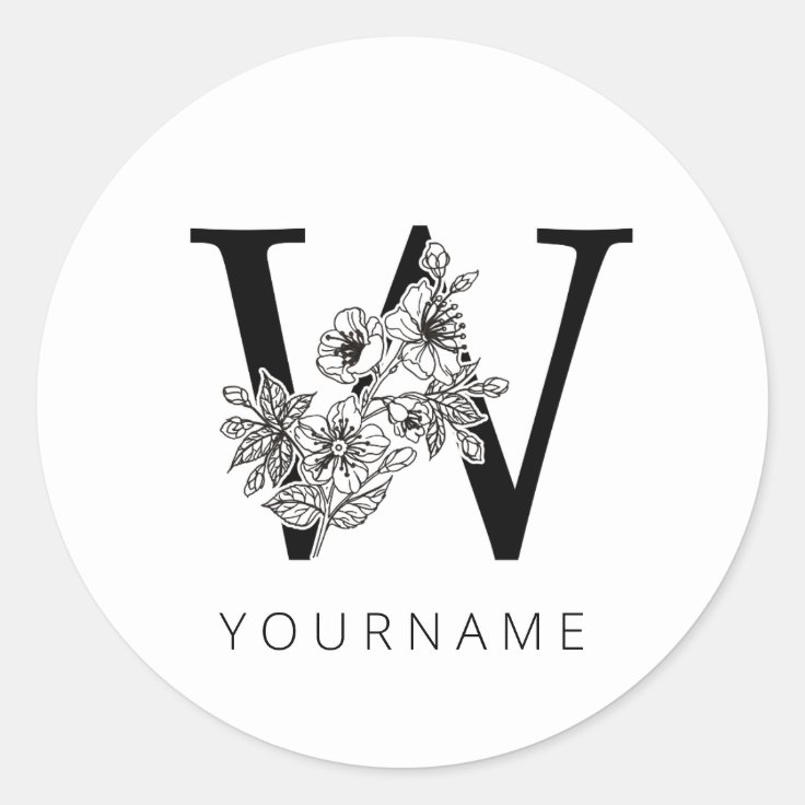 Floral Monogram W Sakura Cherry Blossoms Classic Round Sticker | Zazzle