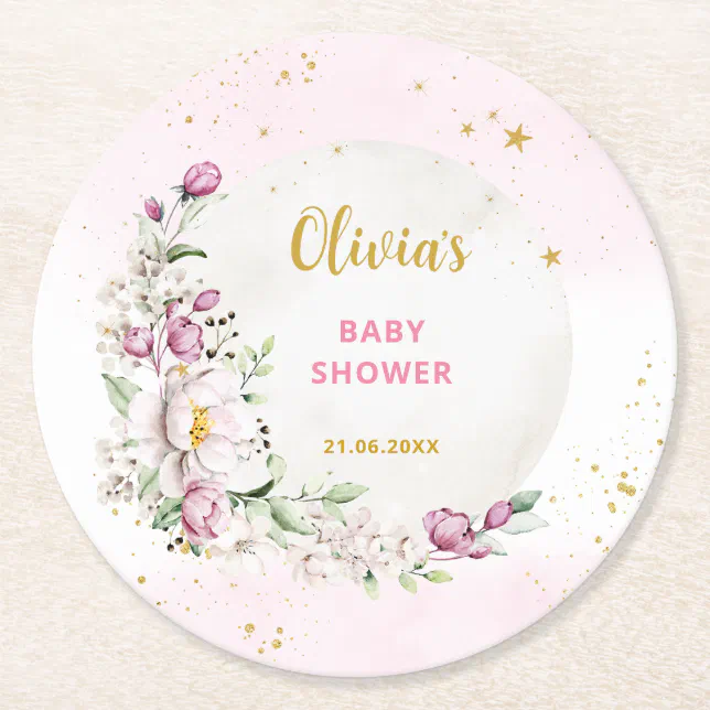 Floral Moon Pink Baby Shower Round Paper Coaster | Zazzle