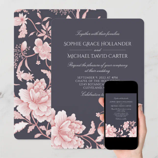 Floral Motif in Pink and Grey 2 Wedding Invitation | Zazzle