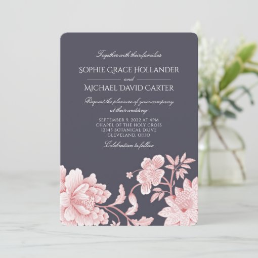 Floral Motif in Pink and Grey 2 Wedding Invitation | Zazzle