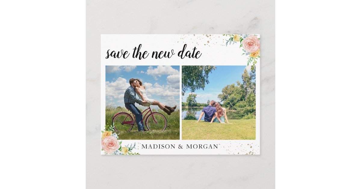 Floral multi Photos save the new date Announcement Postcard | Zazzle