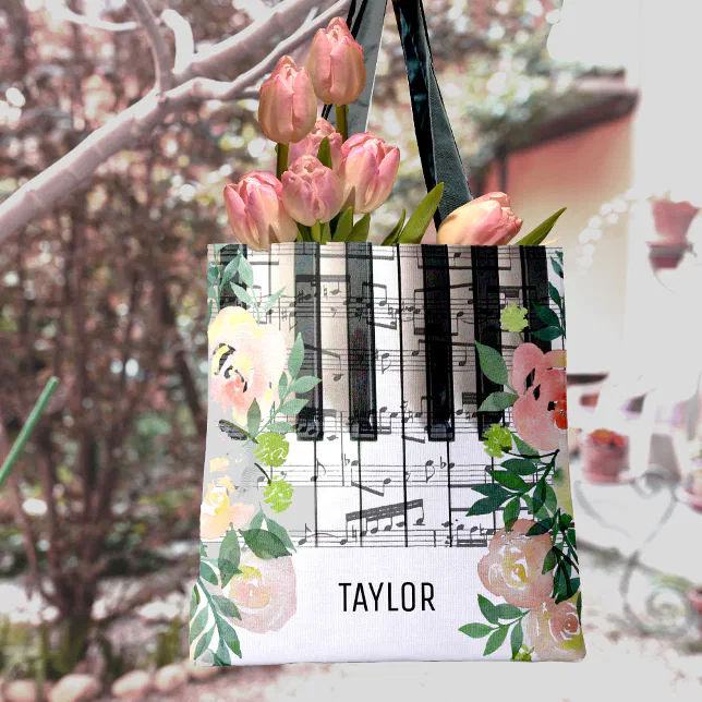 floral music notes piano tote bag | Zazzle