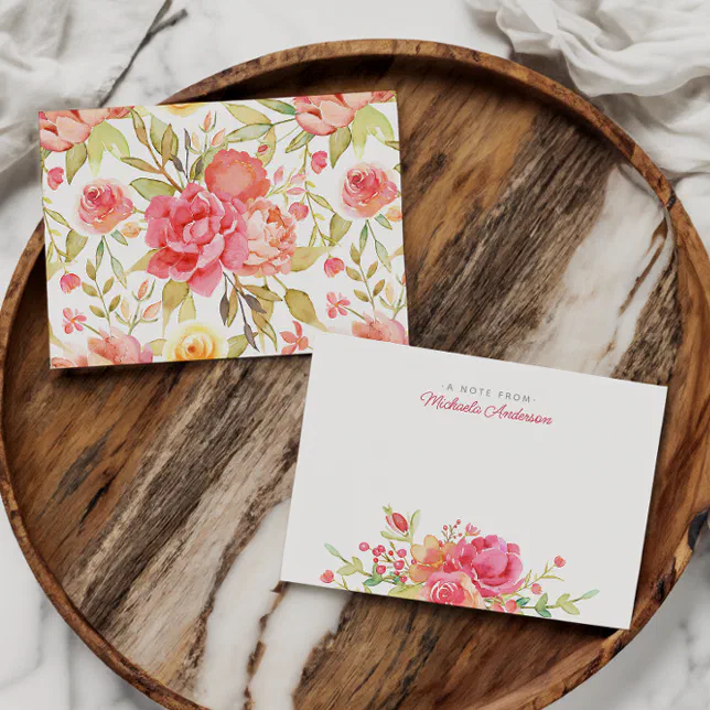 Floral Name & Pink Watercolor Flowers & Greenery Note Card | Zazzle